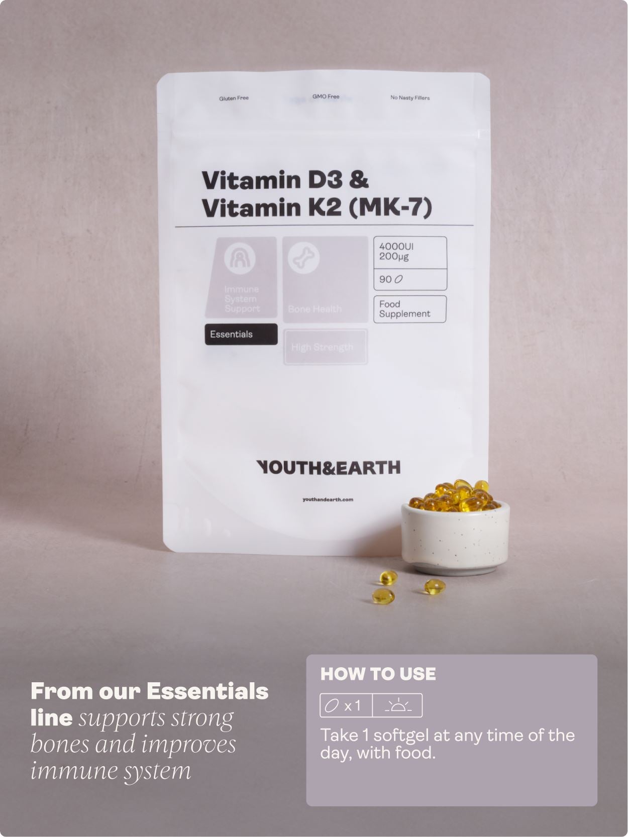 Vitamin D3 4000UI + K2 200mcg 90 Softgels - youthandearth